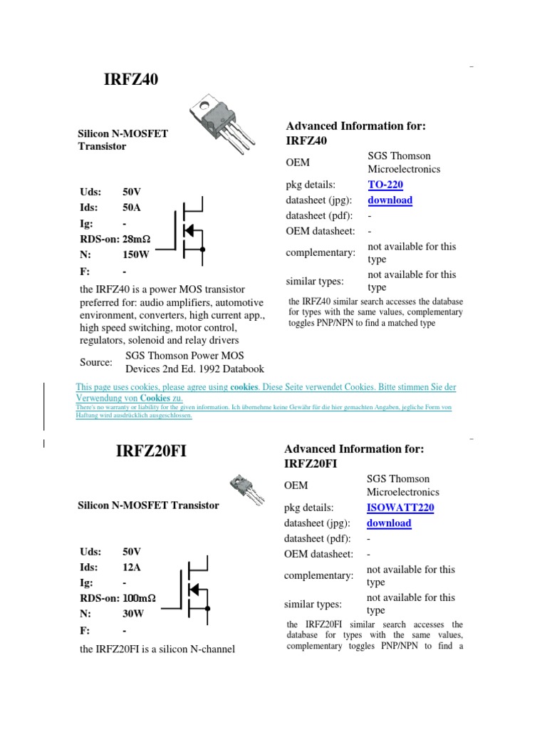 IRFZ40: Silicon N-MOSFET Transistor | PDF | Mosfet | Bipolar Junction ...