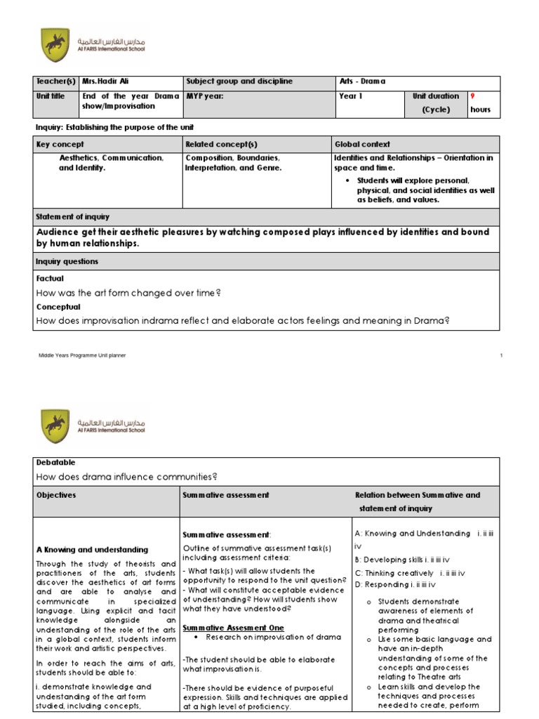MYP Unit Plan - Yr3 Drama | PDF | Educational Assessment | Teachers