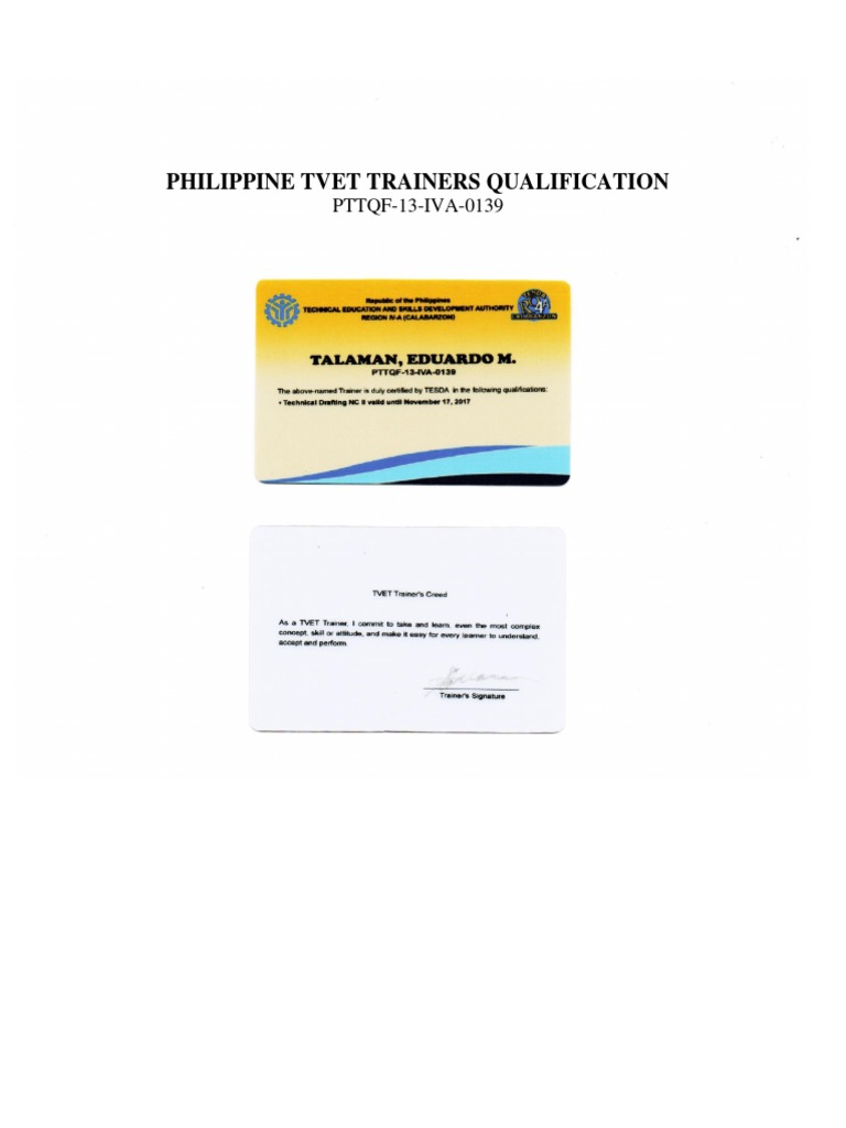 Philippine Tvet Trainers Qualification: PTTQF-13-IVA-0139 | PDF