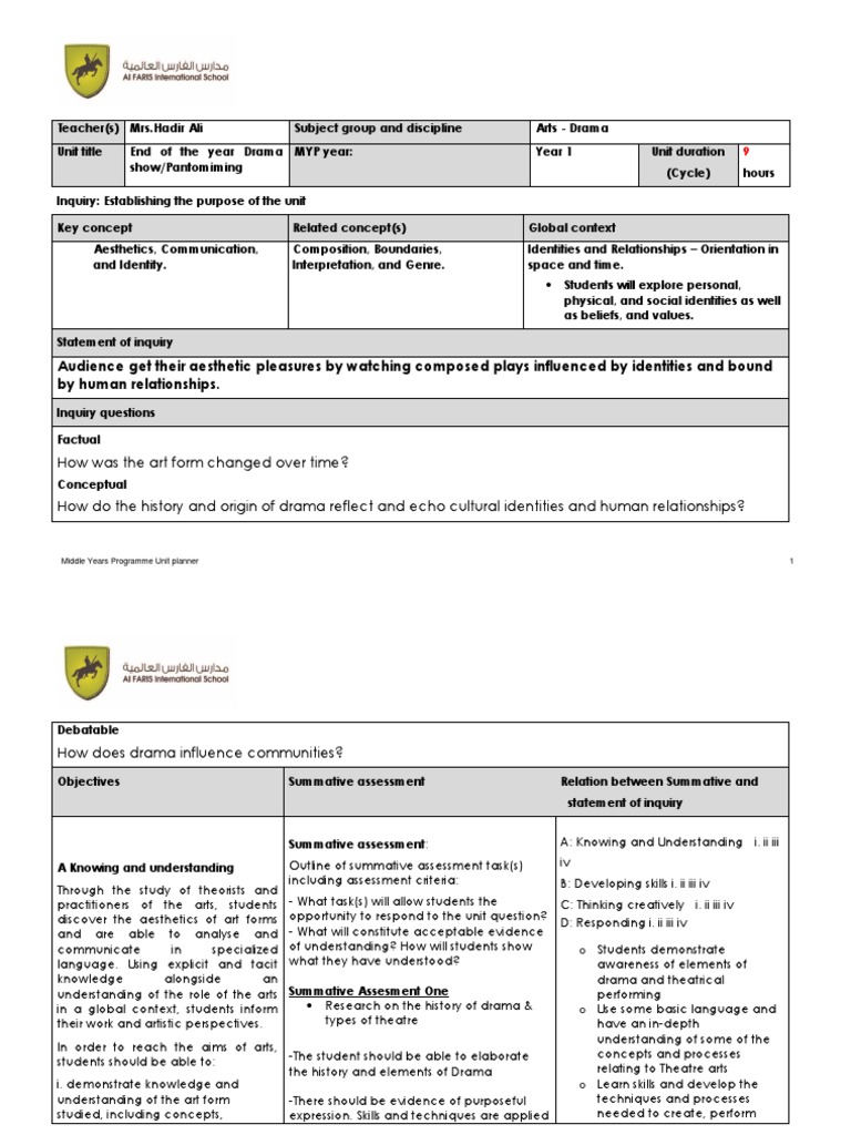MYP Unit Plan - Yr1 Drama | PDF | Educational Assessment | Teachers