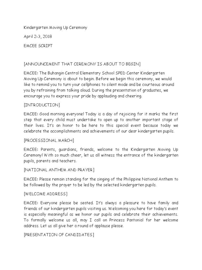 Kindergarten Moving Up Ceremony EMCEE Script | PDF | Behavior Modification
