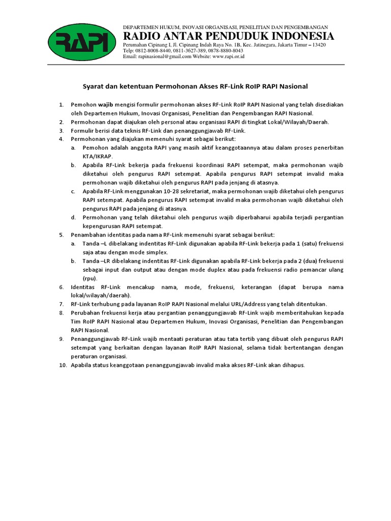 Permohonan Akses RF Link RoIP RAPI Nasional | PDF