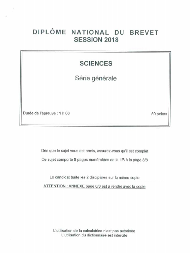 DNB 2018 Pondichery Sujet Sciences | PDF