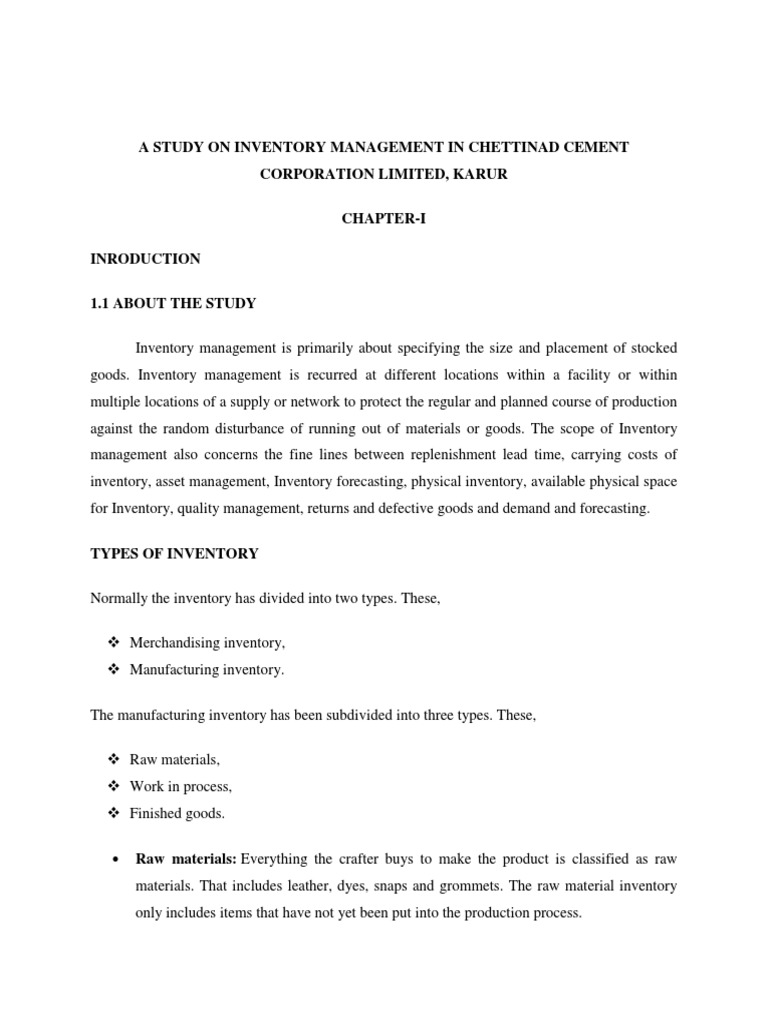 Final - A Study On Inventory Management in Chettinad Cement Corporation ...