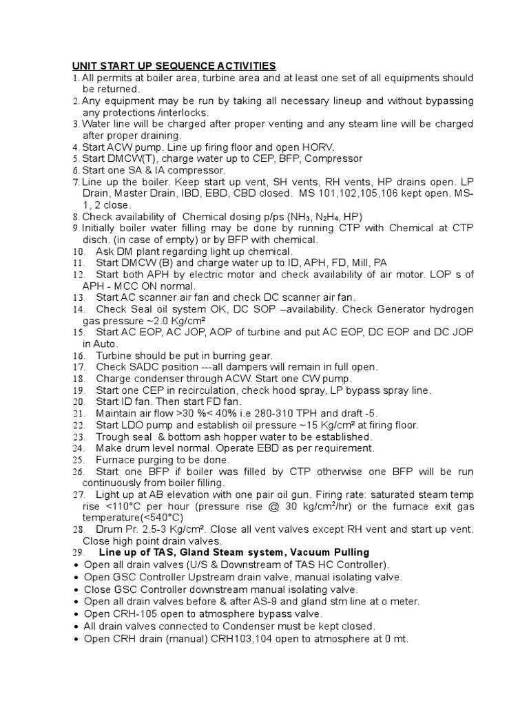 Unit Start Up Sequence Activities | PDF | Valve | Boiler