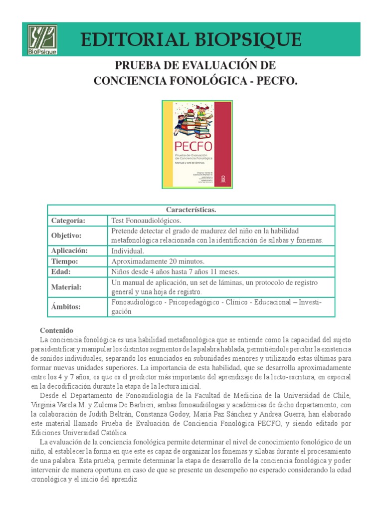 Fono 018 Prueba de Evaluacion de Conciencia Fonologica PECFO | PDF | Sílaba | Fonología