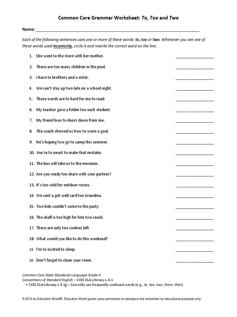 Common Core To, Too, Two Worksheet-4th Grade | PDF | Language Arts ...
