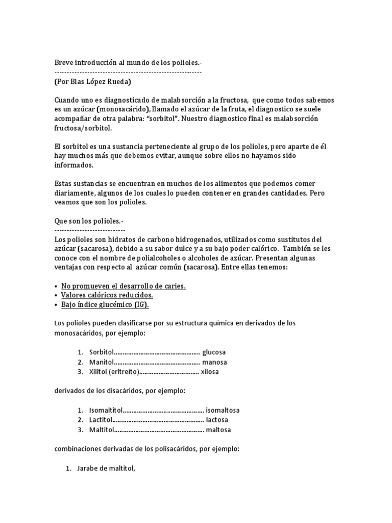 Polioles: Guía Completa y Absorción | PDF | Sacarosa | Carbohidratos