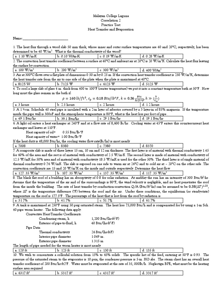 Heat Transfer Practice Exam Questions | PDF | Thermal Conductivity ...