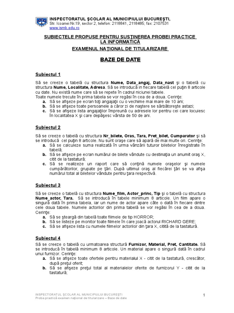 Subiecte Baze de Date | PDF