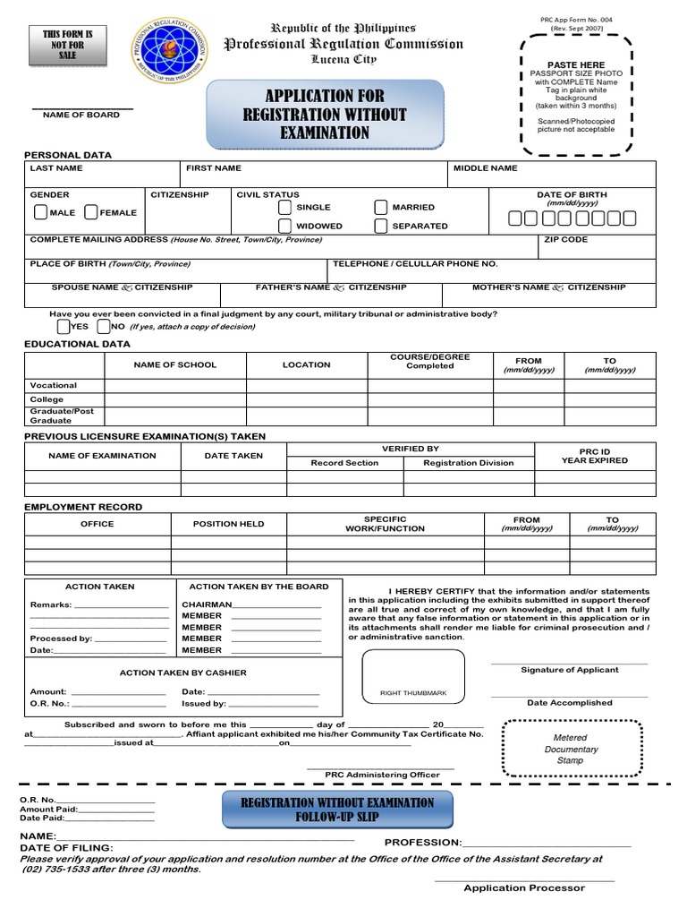 PRC-Form-004 (Application For Registration) | PDF | Notary Public | Diploma
