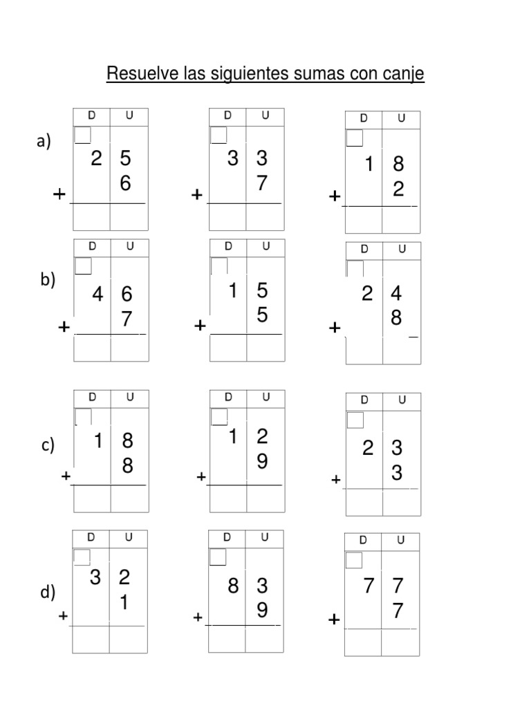 Ejercicios Sumas Con Canje | PDF