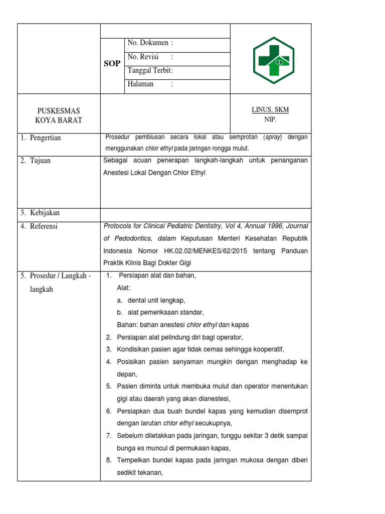 Sop Anastesi Chlor Etil PKM Kobar | PDF