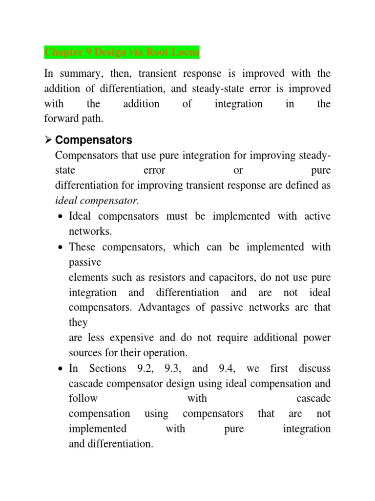 Chapter 9 Design Via Root Locus Pdf Control Theory Control System