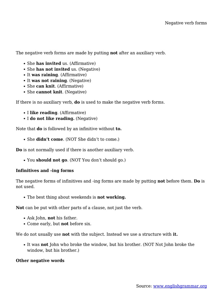 Negative Verb Forms | PDF