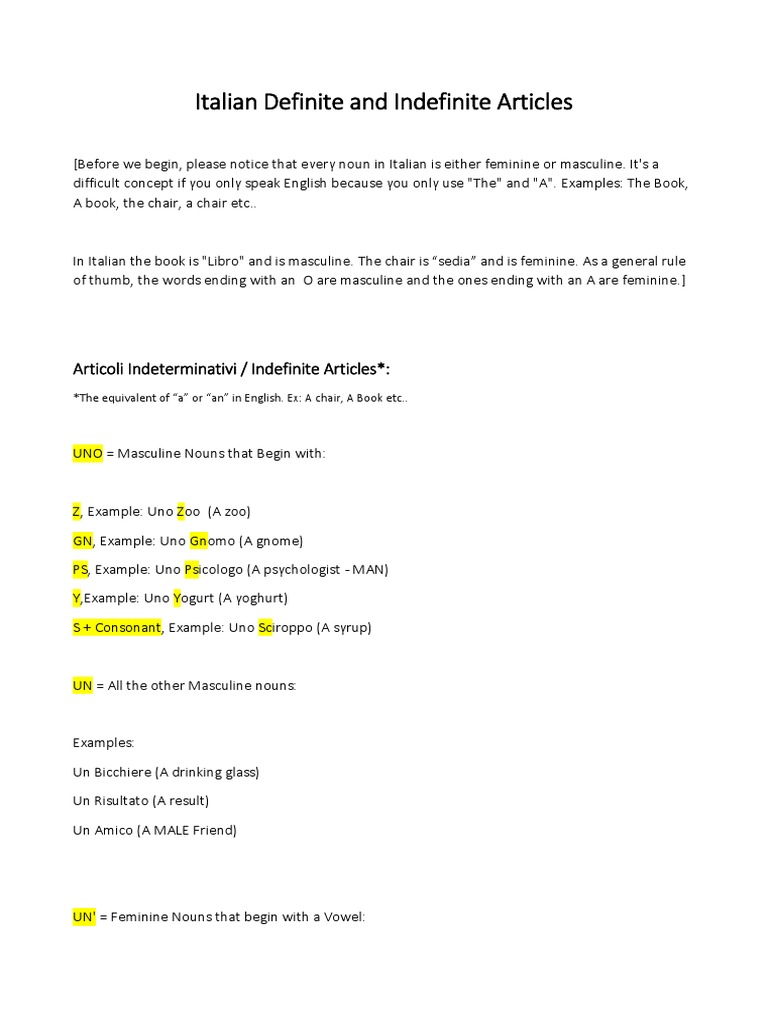 Italian Definite and Indefinite Articles Guide | PDF | Grammatical ...