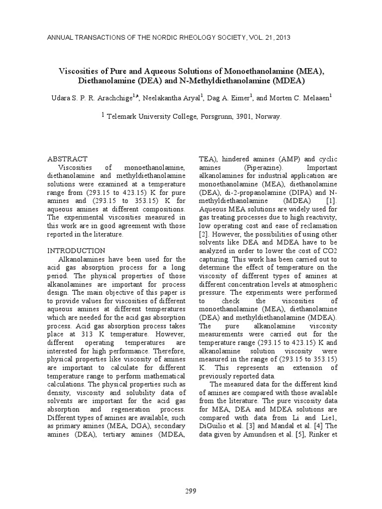 Viscosities of Pure and Aqueous Solutions of Monoethanolamine (MEA ...