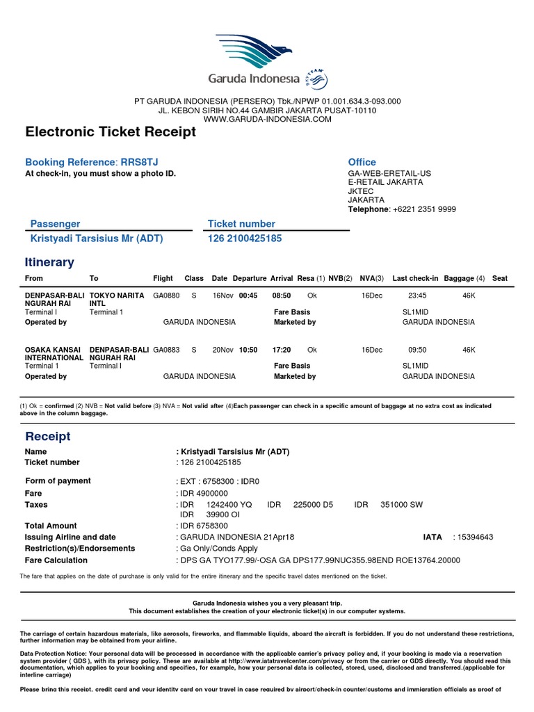 Garuda Indonesia Electronic Ticket Receipt | PDF | Business