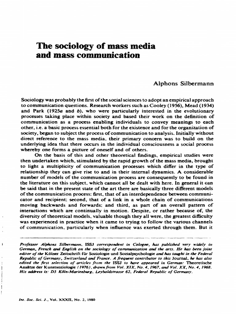 The Sociology of Mass Media and Mass Communication PDF | PDF