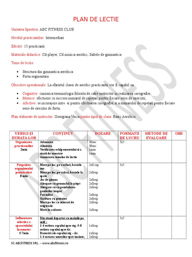 Plan de Lectie Aerobic - Model