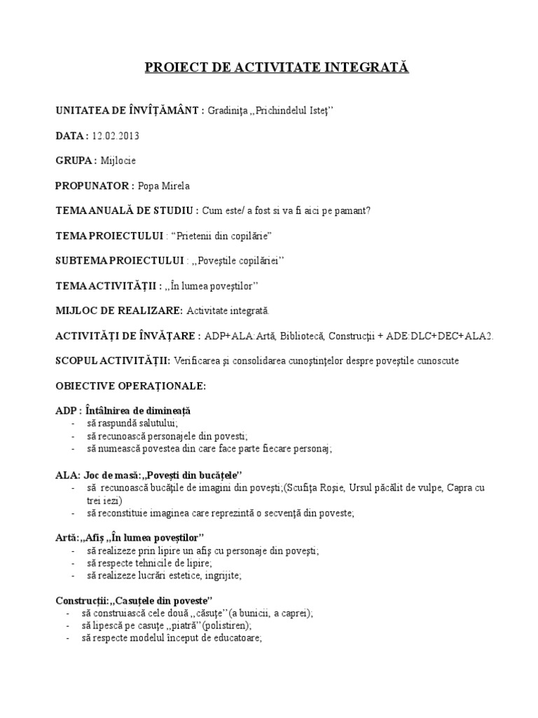 Proiect de Activitate Integrata | PDF