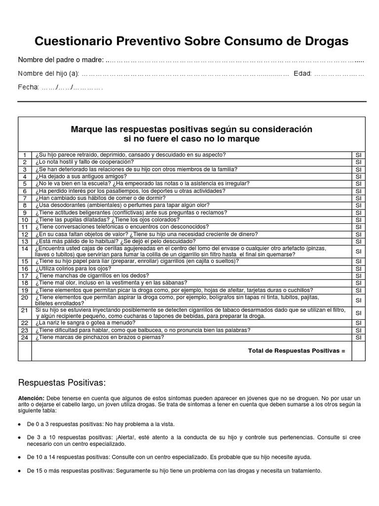 Cuestionario Preventivo Sobre Consumo de Drogas | PDF | Cigarrillo ...
