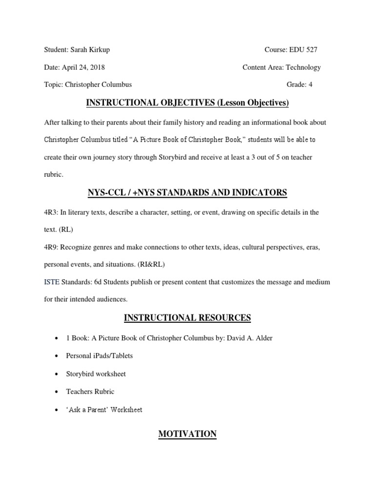 Edu 527 Lesson Plan - Sarah Kirkup | PDF | Lesson Plan | Rubric (Academic)