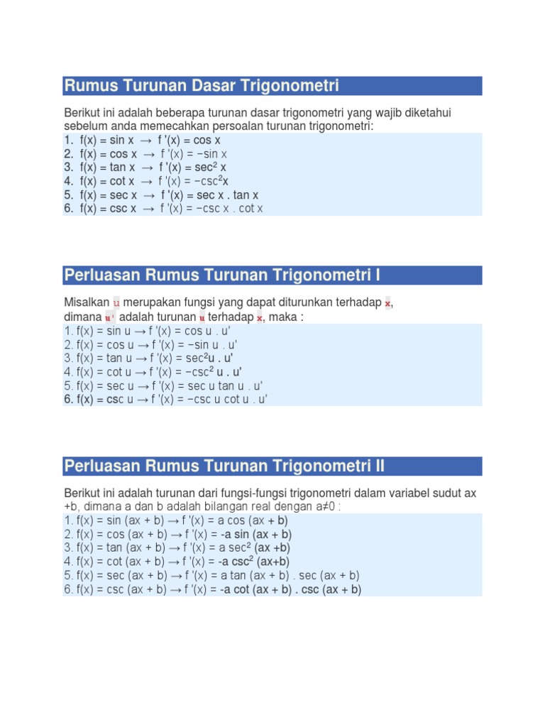 Rumus Turunan Dasar Trigonometri | PDF