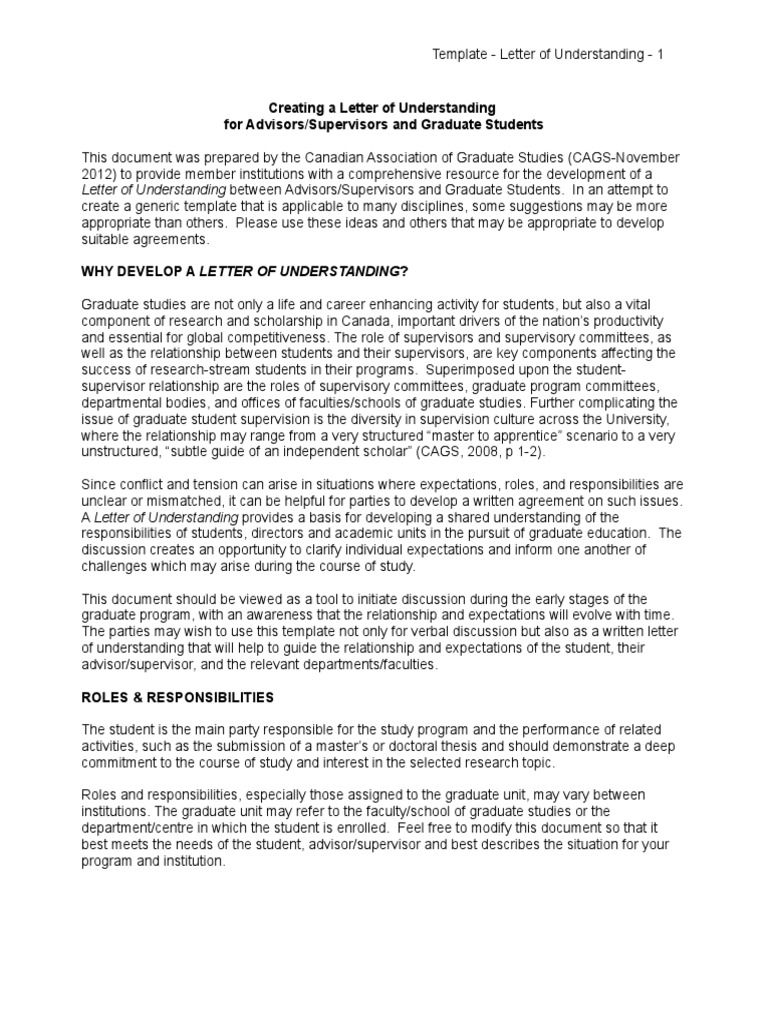 Letter of Understanding Between Advisors/Supervisors and Graduate ...