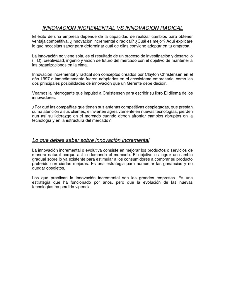 Innovacion Incremental Vs Innovacion Radical | PDF | Innovación | Empresa de inicio