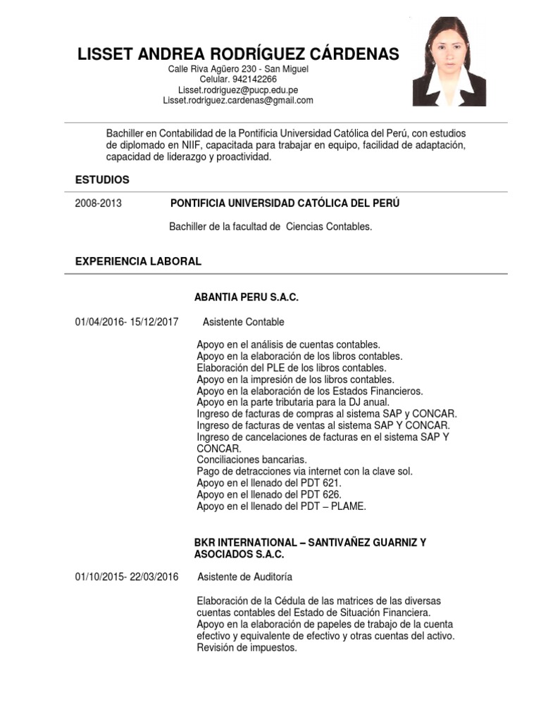 CV - Lisset Rodriguez para Sunat | PDF | normas internacionales de ...