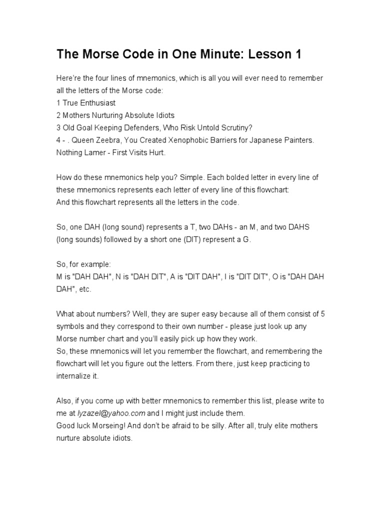 The Morse Code in One Minute: Lesson 1 | PDF | Telegraphy | Encodings