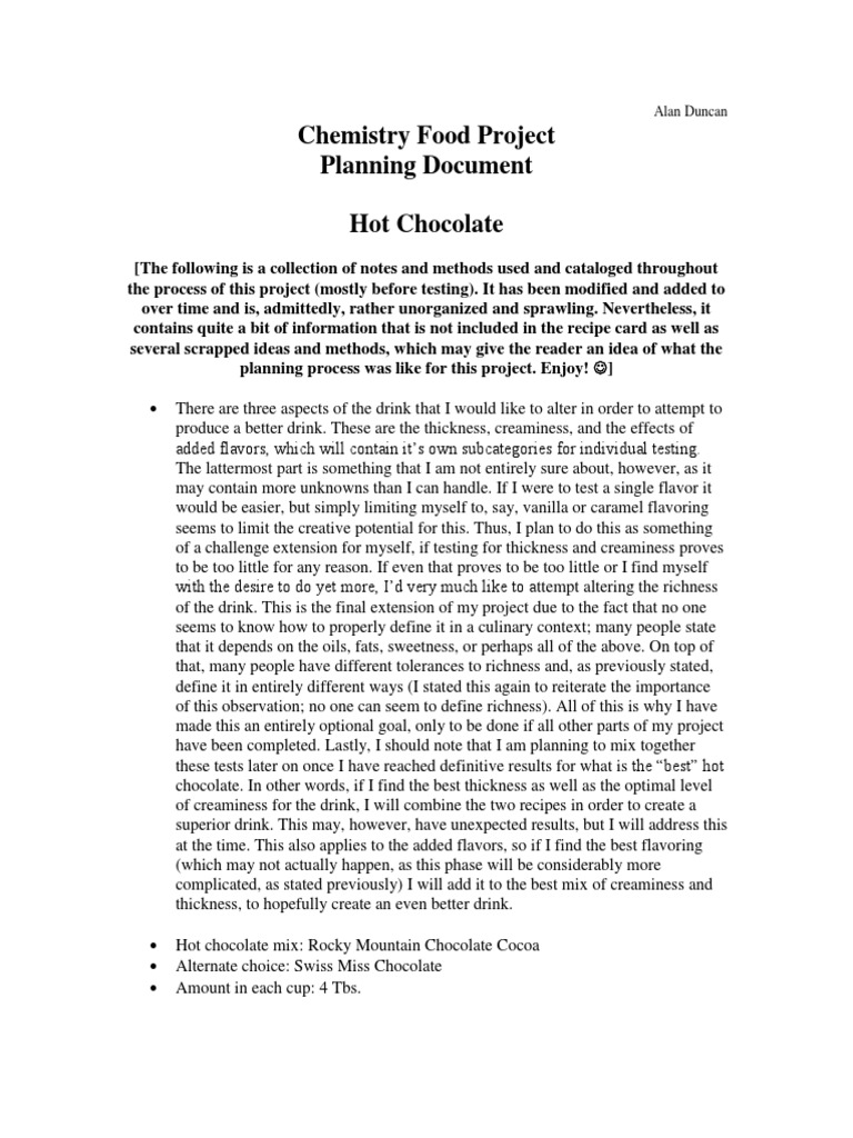 Chemistry Food Project Planning Document - Hot Chocolate | PDF | Milk ...