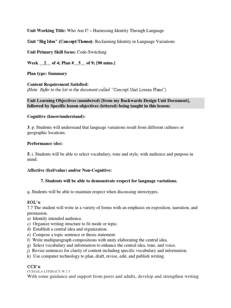 Note: Refer To The List in The Document Called "Concept Unit Lesson ...