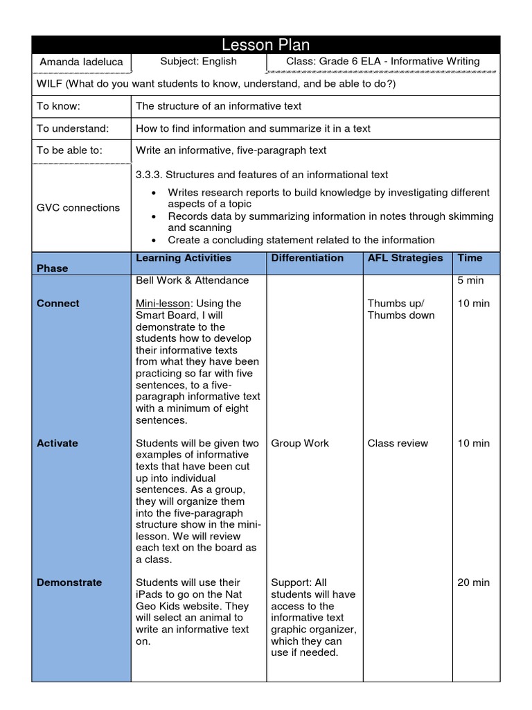 Lesson Plan: Phase Learning Activities Differentiation AFL Strategies ...