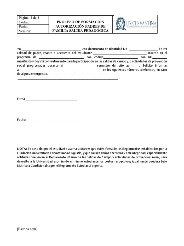 Formato Autorización Salida Pedagógica Permiso Padres | PDF Formato Autorización Salida Pedagógica Permiso Padres | PDF