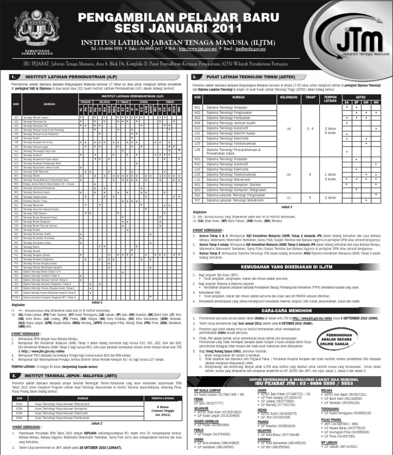 Iklan Pengambilan Sesi 1/2001 ILJTM (ILP, ADTEC, JMTI), Jabatan Tenaga ...