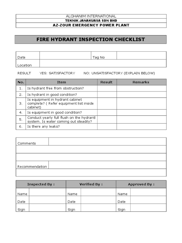 Fire Hydrantl Inspection Checklist | PDF