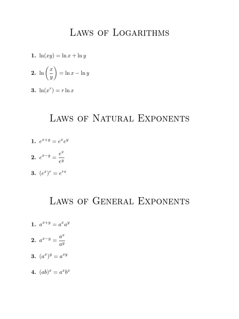 Laws of Logarithms: 1. LN (Xy) LN X + LN y X y LN X LN y | PDF