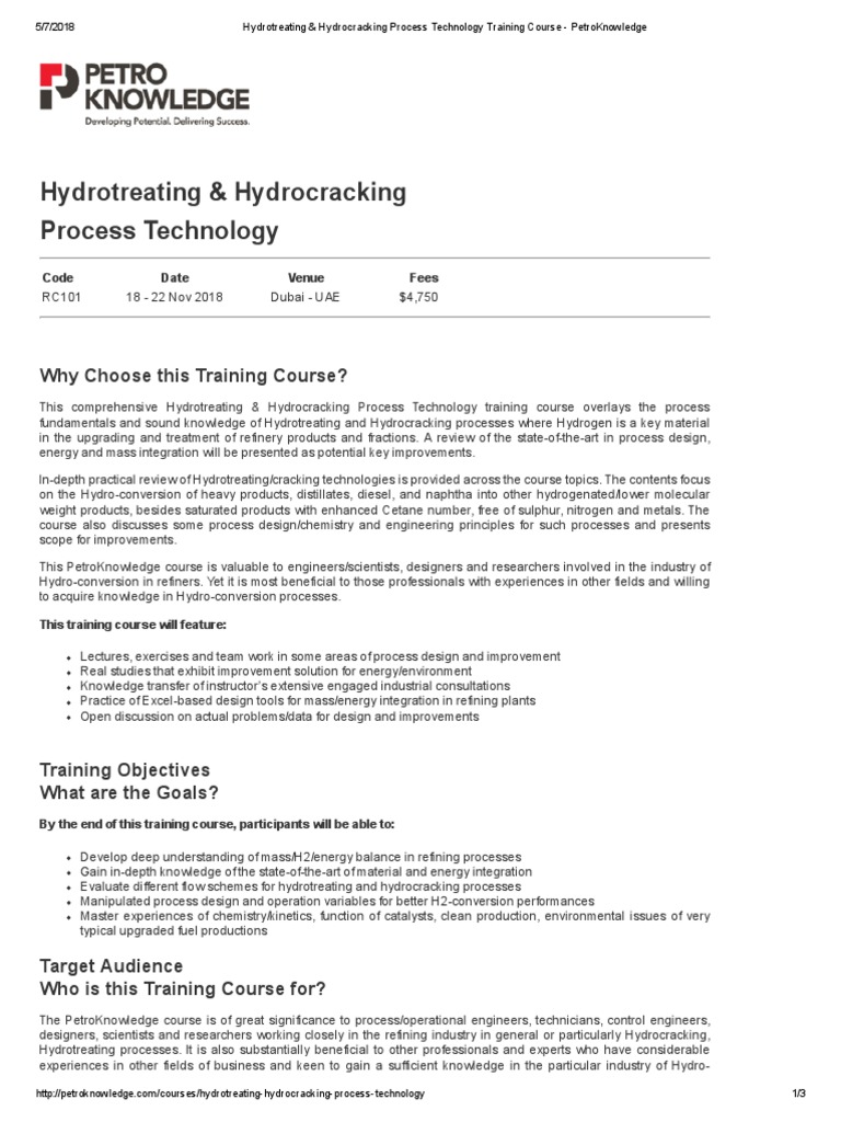 Hydrotreating & Hydrocracking Process Technology Training Course - PetroKnowledge | PDF ...