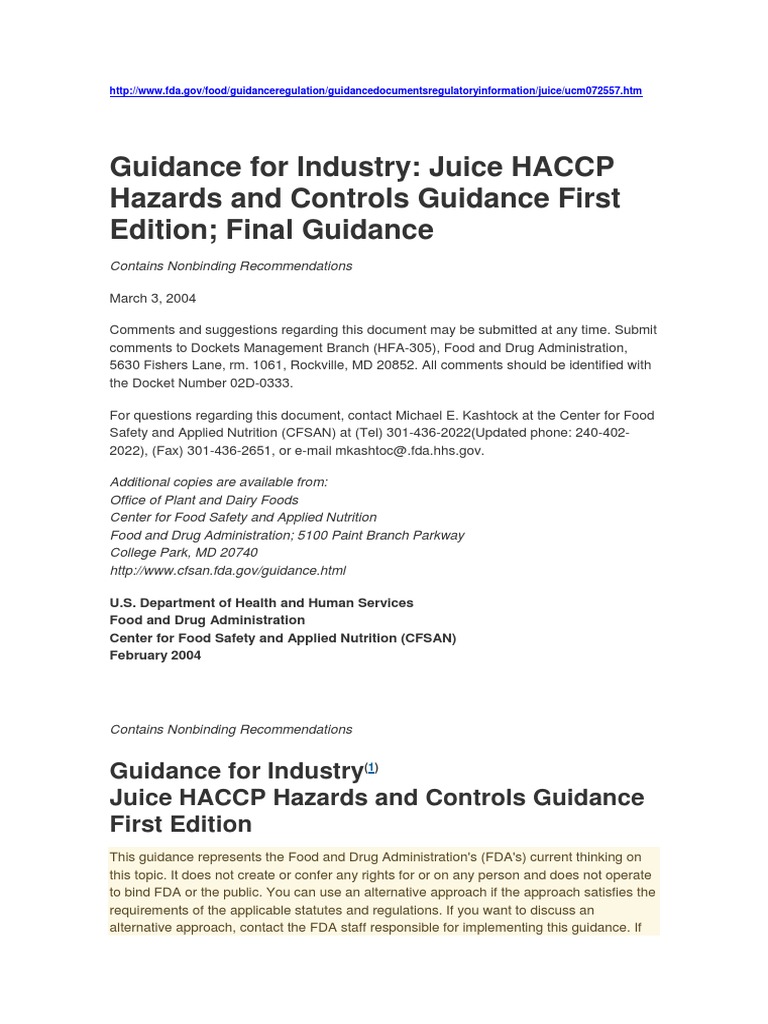 Juice HACCP Guidance Overview | PDF | Hazard Analysis And Critical ...