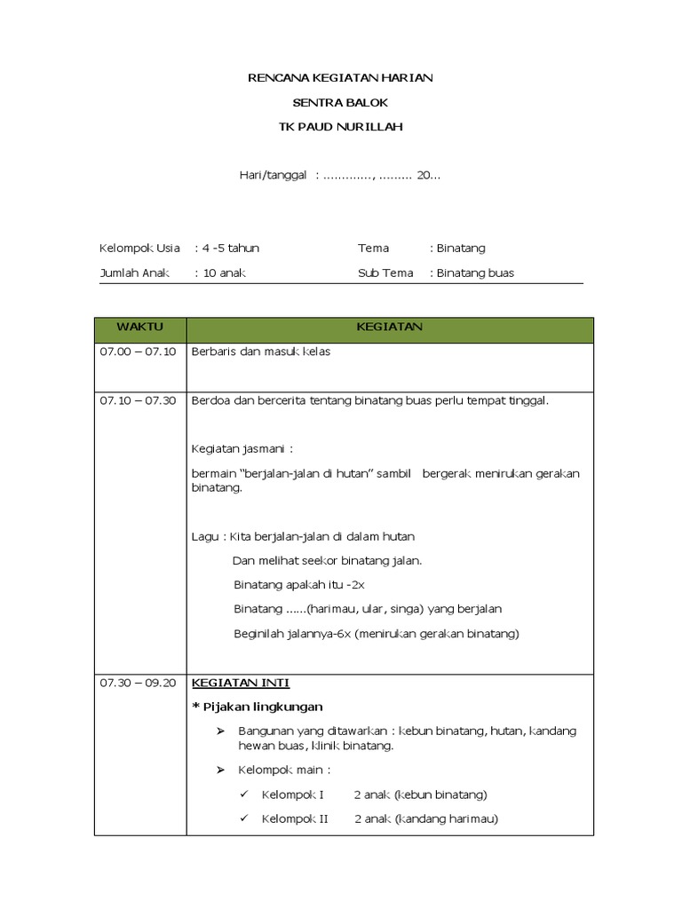 Contoh RKH Sentra Balok Paud | PDF