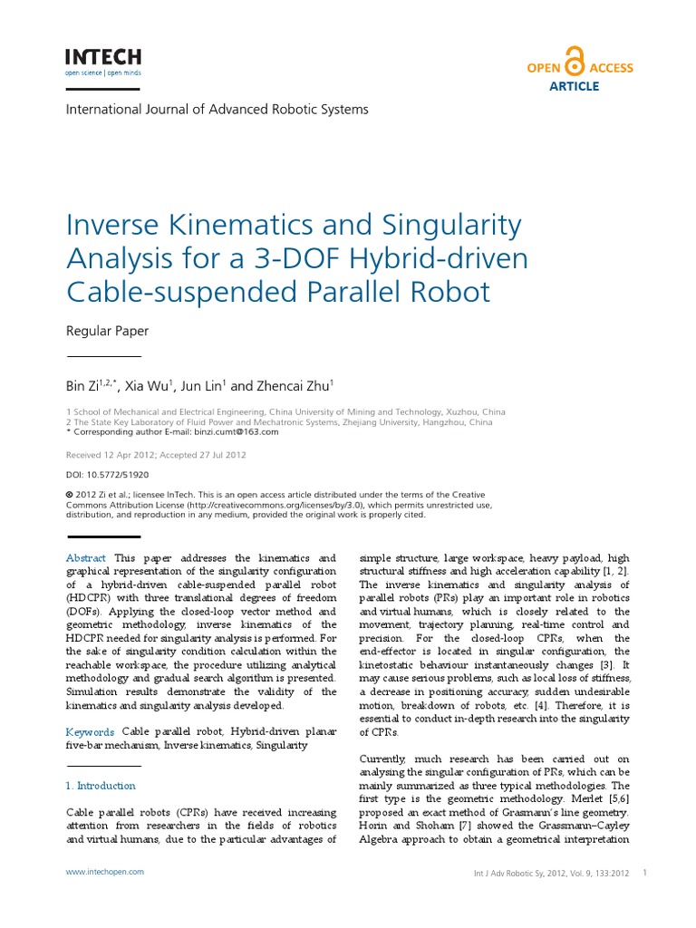 Inverse Kinematics and Singularity Analysis For A 3-DOF Hybrid-Driven Cable-Suspended Parallel ...