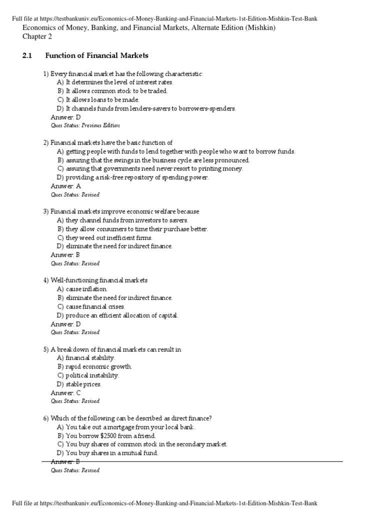 Economics of Money Banking and Financial Markets 1st Edition Mishkin ...