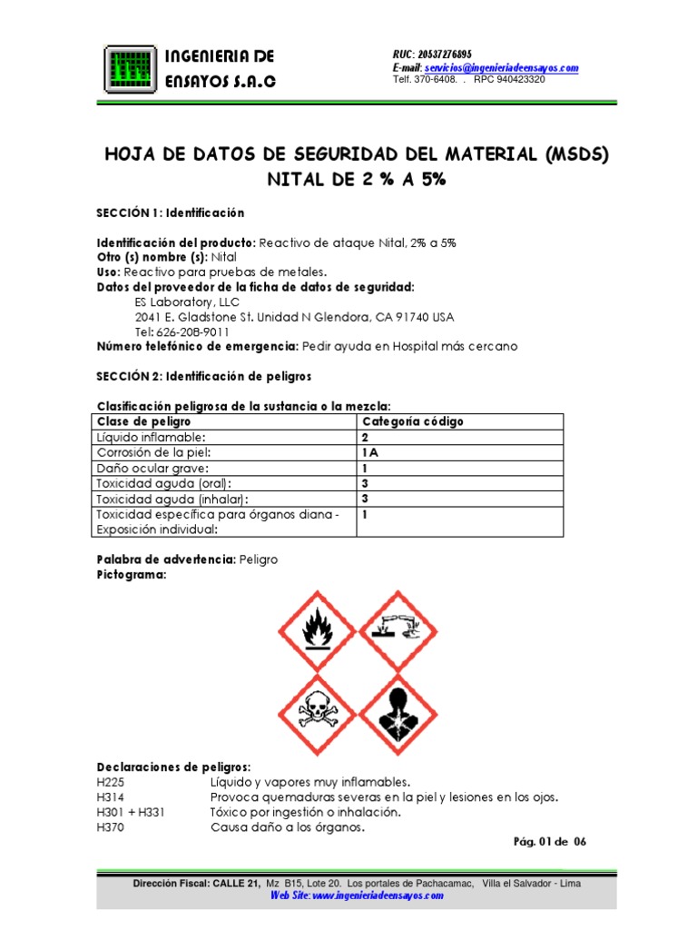 MSDS NITAL 2 A 5% | Metanol | Agua