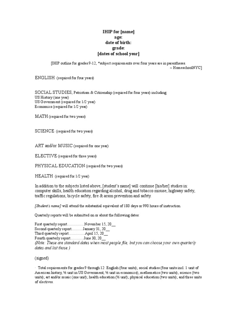 English Social Studies: IHIP For (Name) Age: Date of Birth: Grade ...