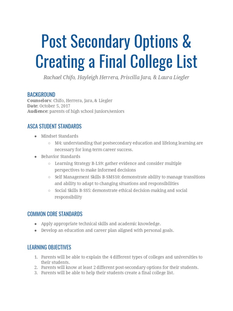 Post Secondary Options Lesson Plan | PDF | Higher Education | School ...