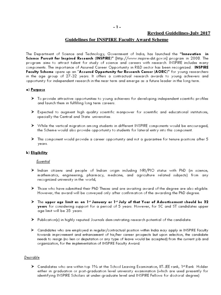 Revised Guidelines-July 2017 Guidelines For INSPIRE Faculty Award ...