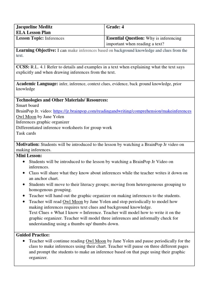 Grade 4 Lesson | PDF | Inference | Teachers
