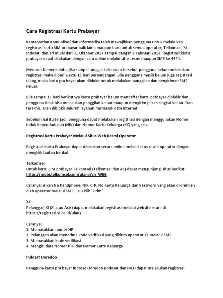 Cara Registrasi Kartu Prabayar | PDF